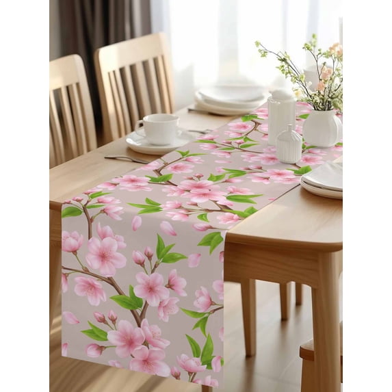 Burlap Table Runner 48 Inches Long, Spring Pink Flower Tree Branch Non ...