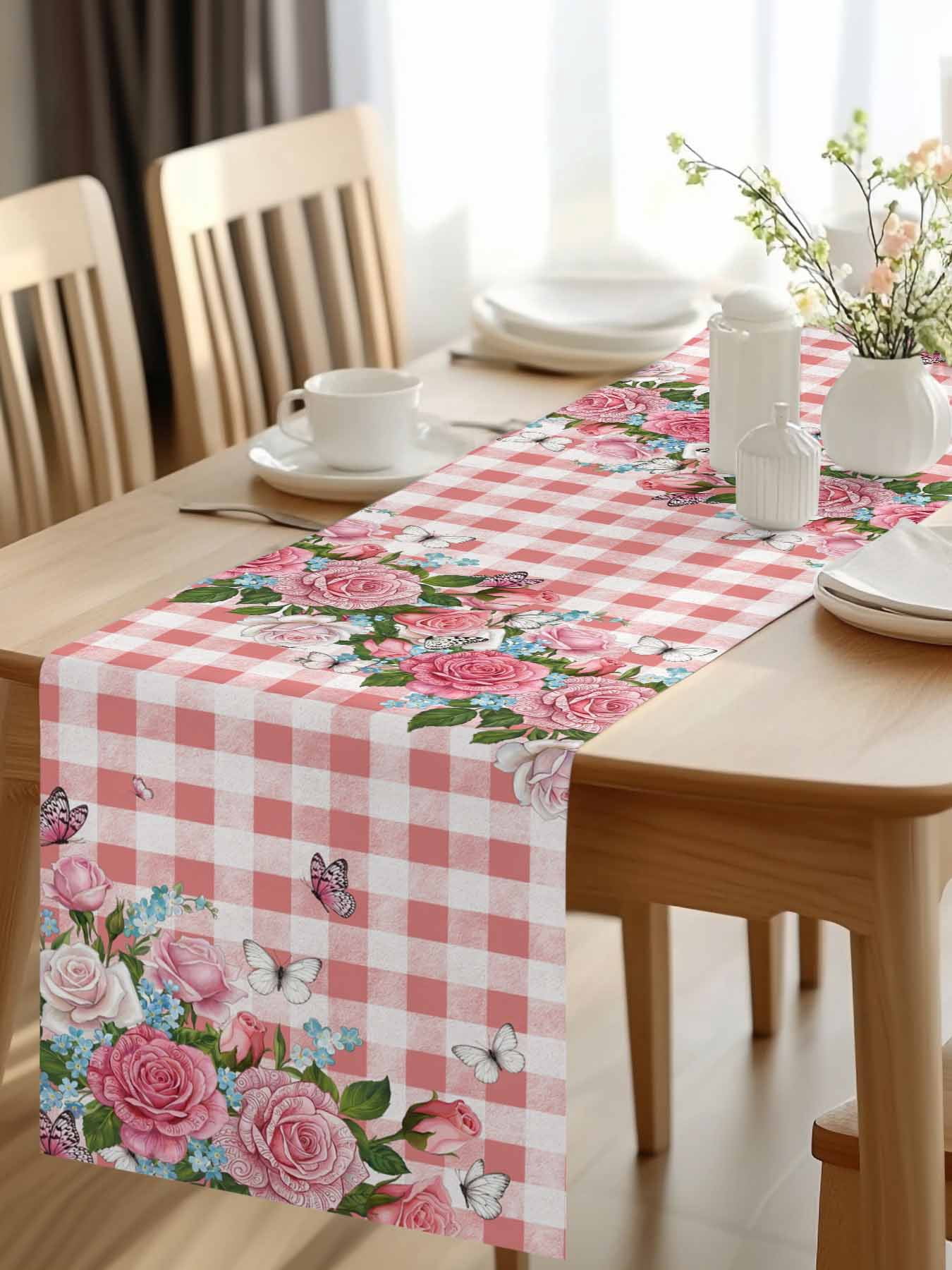 Burlap Table Runner 48 Inches Long, Spring Rose Flower Leaf Butterfly ...
