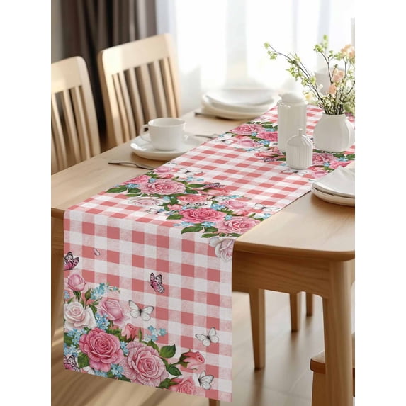 Burlap Table Runner 48 Inches Long, Spring Rose Flower Leaf Butterfly ...