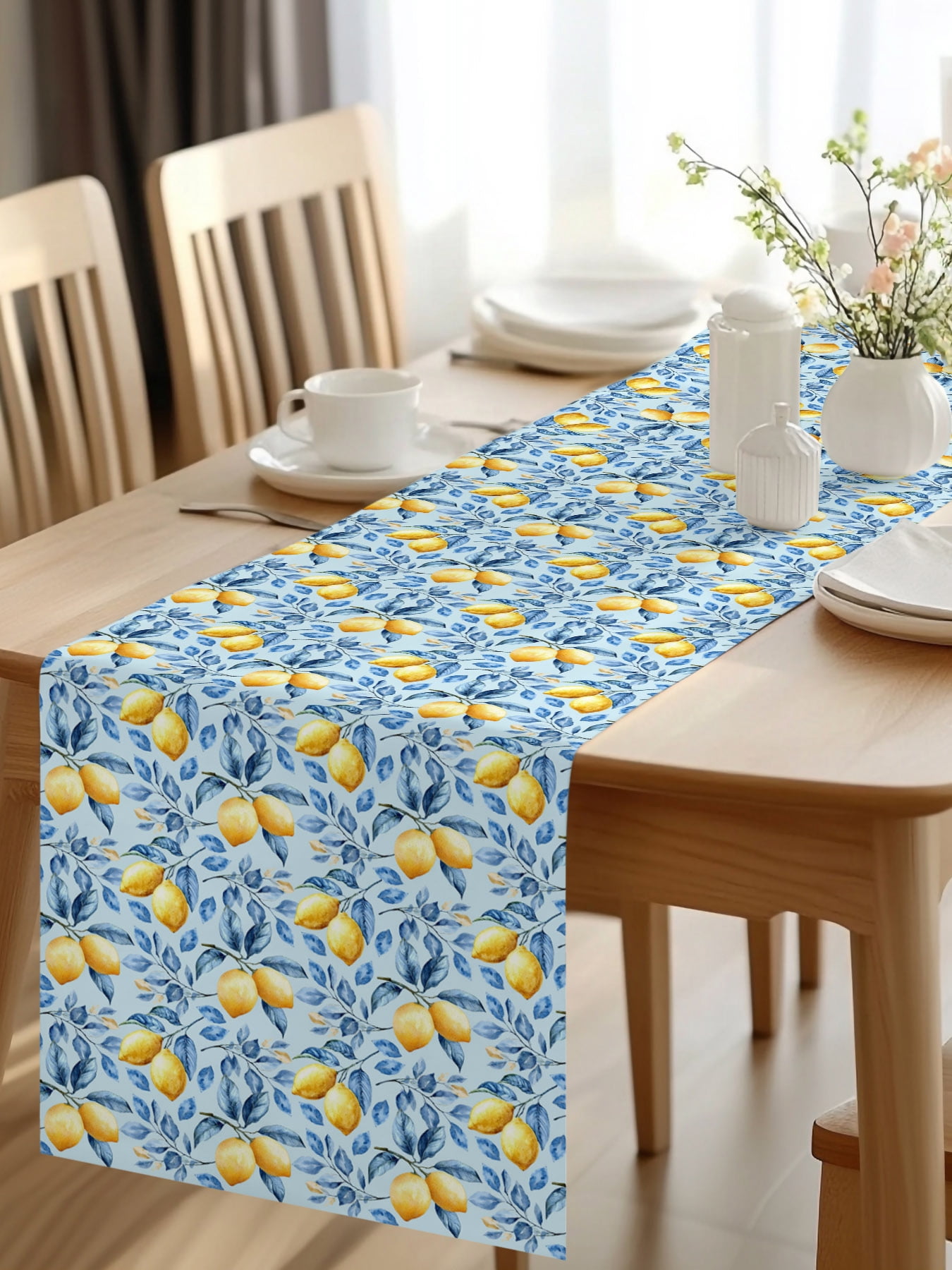 Burlap Table Runner 48 Inches Long, Spring Summer Idyllic Lemon on Blue ...