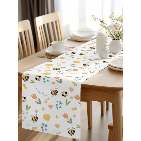 Burlap Table Runner 48 Inches Long, Spring Tulips Flower Bees ...