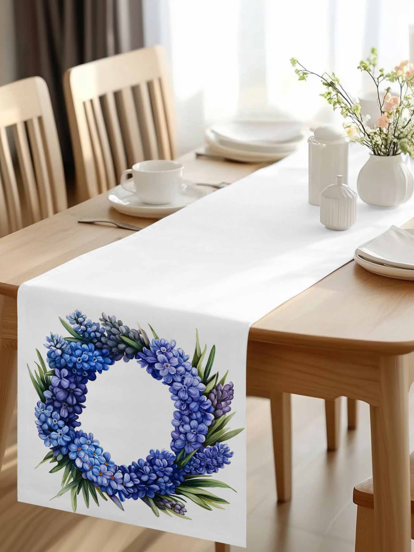 Burlap Table Runner 48 Inches Long, Spring Watercolor Garland Leaves ...