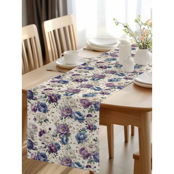 Burlap Table Runner 48 Inches Long, Spring White Purple Blue Flowers ...