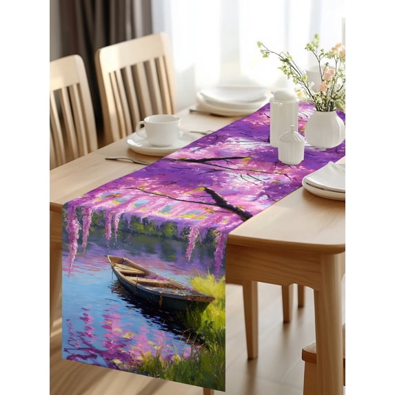 Burlap Table Runner 48 Inches Long, Spring Wisteria Flower Lake Boat ...