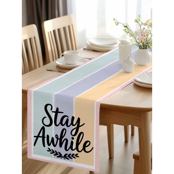Burlap Table Runner 48 Inches Long, Stay Awhile Words Non-Slip Kitchen ...