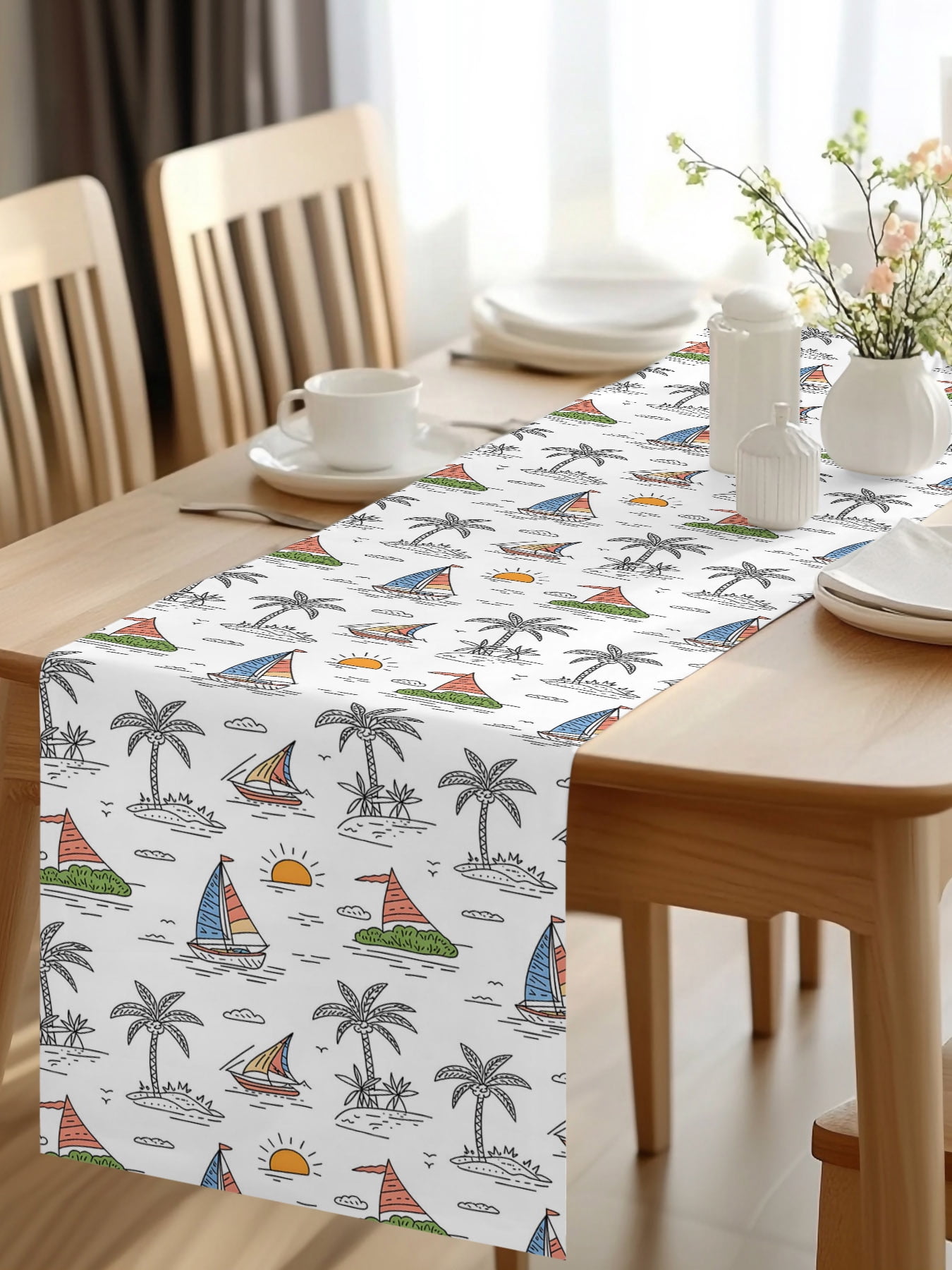 Burlap Table Runner 48 Inches Long, Summer Coconut Tree Sailboat Non ...