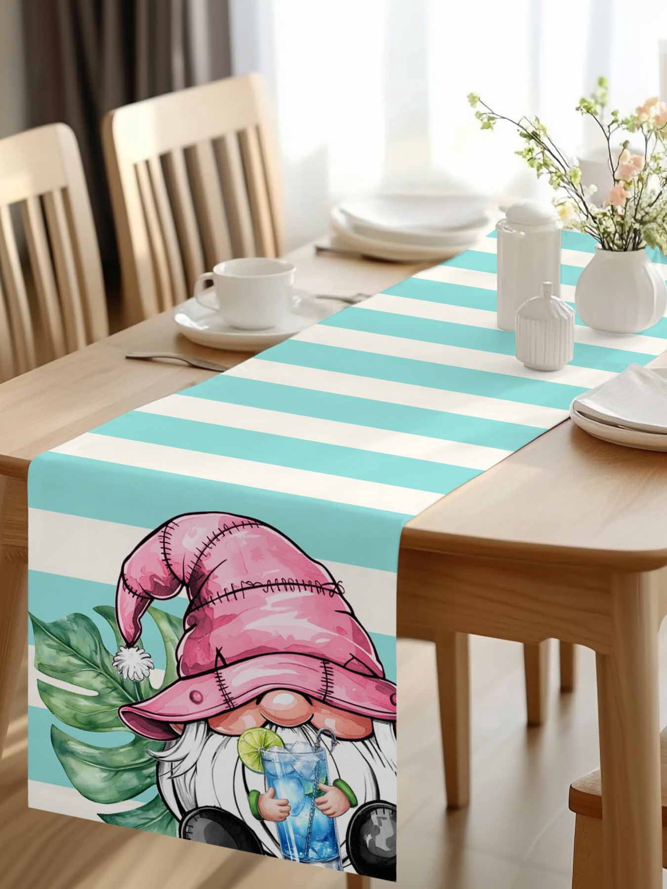Burlap Table Runner 48 Inches Long, Summer Gnome Ice Water Palm Leaf ...