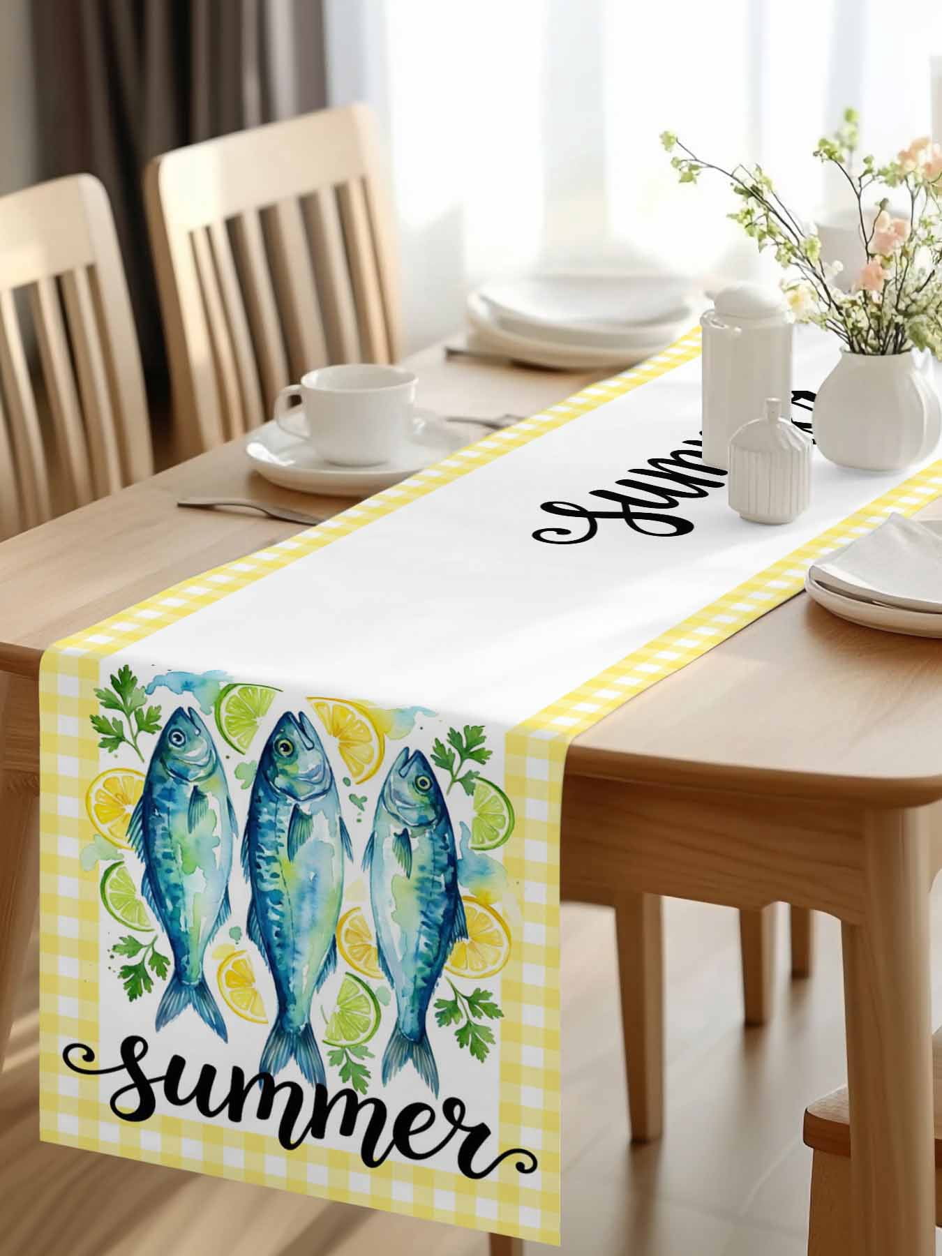 Burlap Table Runner 48 Inches Long, Summer Lemon Fish Mint Non-Slip ...
