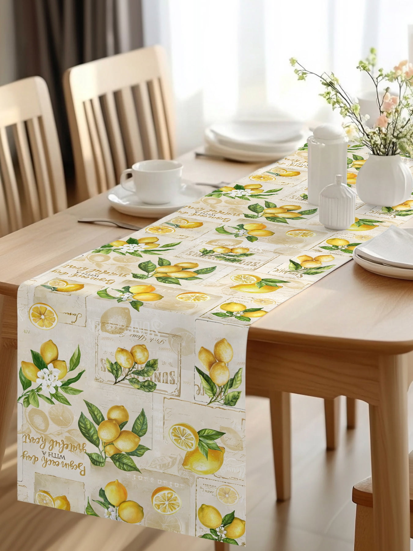 Burlap Table Runner 48 Inches Long, Summer Lemon Leaf Flower Non-Slip ...