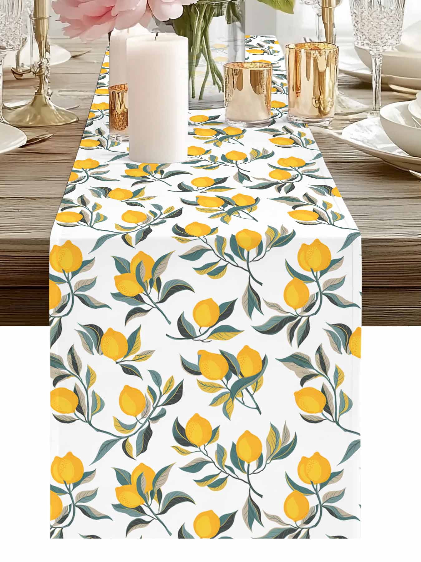 Burlap Table Runner 48 Inches Long, Summer Lemon Leaves Watercolor Non ...