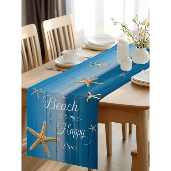 Burlap Table Runner 48 Inches Long, Summer Marine Starfish Wood Grain ...
