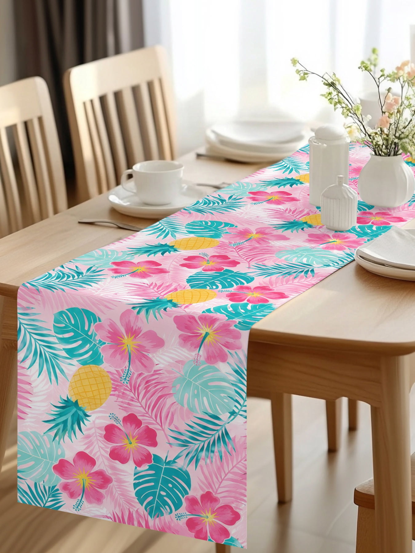 Burlap Table Runner 48 Inches Long, Summer Pineapple Monstera Leaves ...