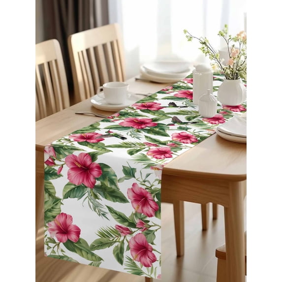 Burlap Table Runner 48 Inches Long, Summer Pink Hibiscus Hummingbirds ...
