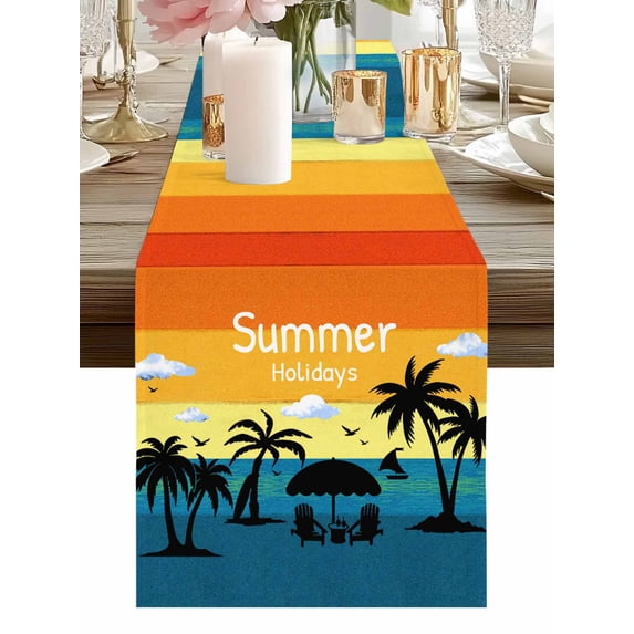 Burlap Table Runner 48 Inches Long, Summer Watercolor Seaside Palm ...