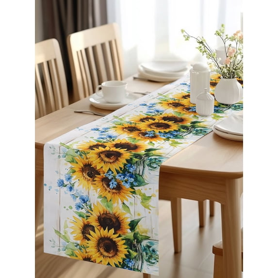 Burlap Table Runner 48 Inches Long, Sunflower Blue Flower Green Leaf ...