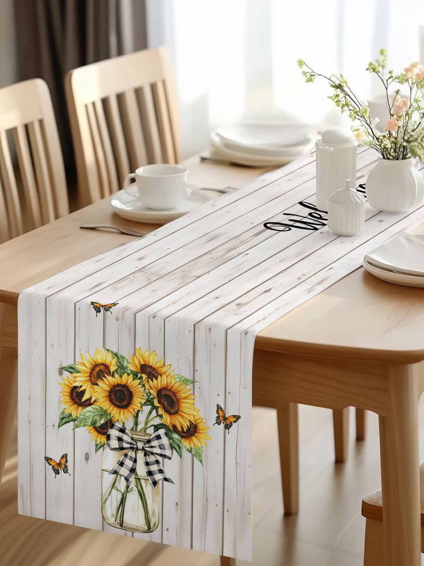 Burlap Table Runner 48 Inches Long, Sunflower Bouquet Welcome Quote Non ...