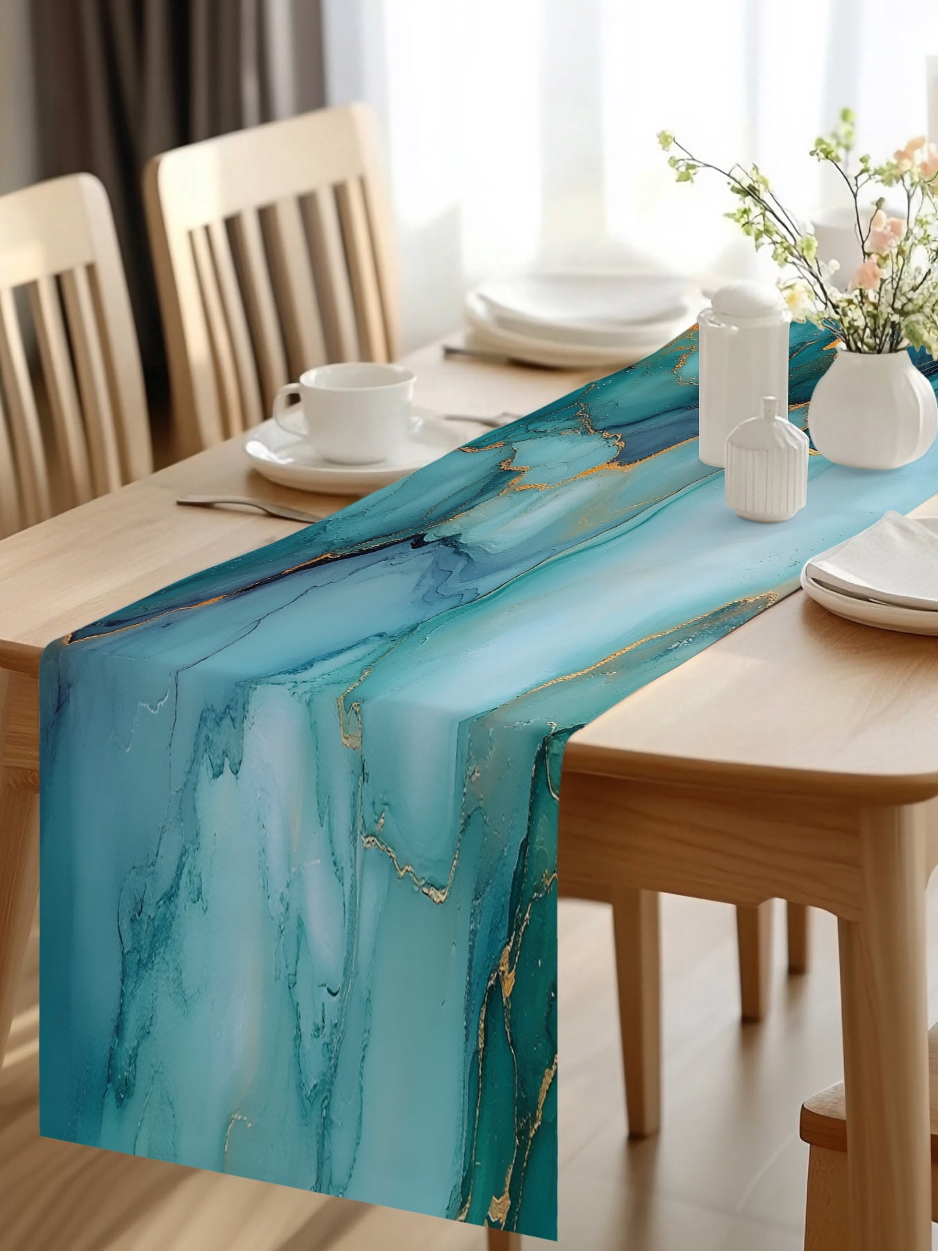 Burlap Table Runner 48 Inches Long, Teal Green Gold Marble Texture Non ...