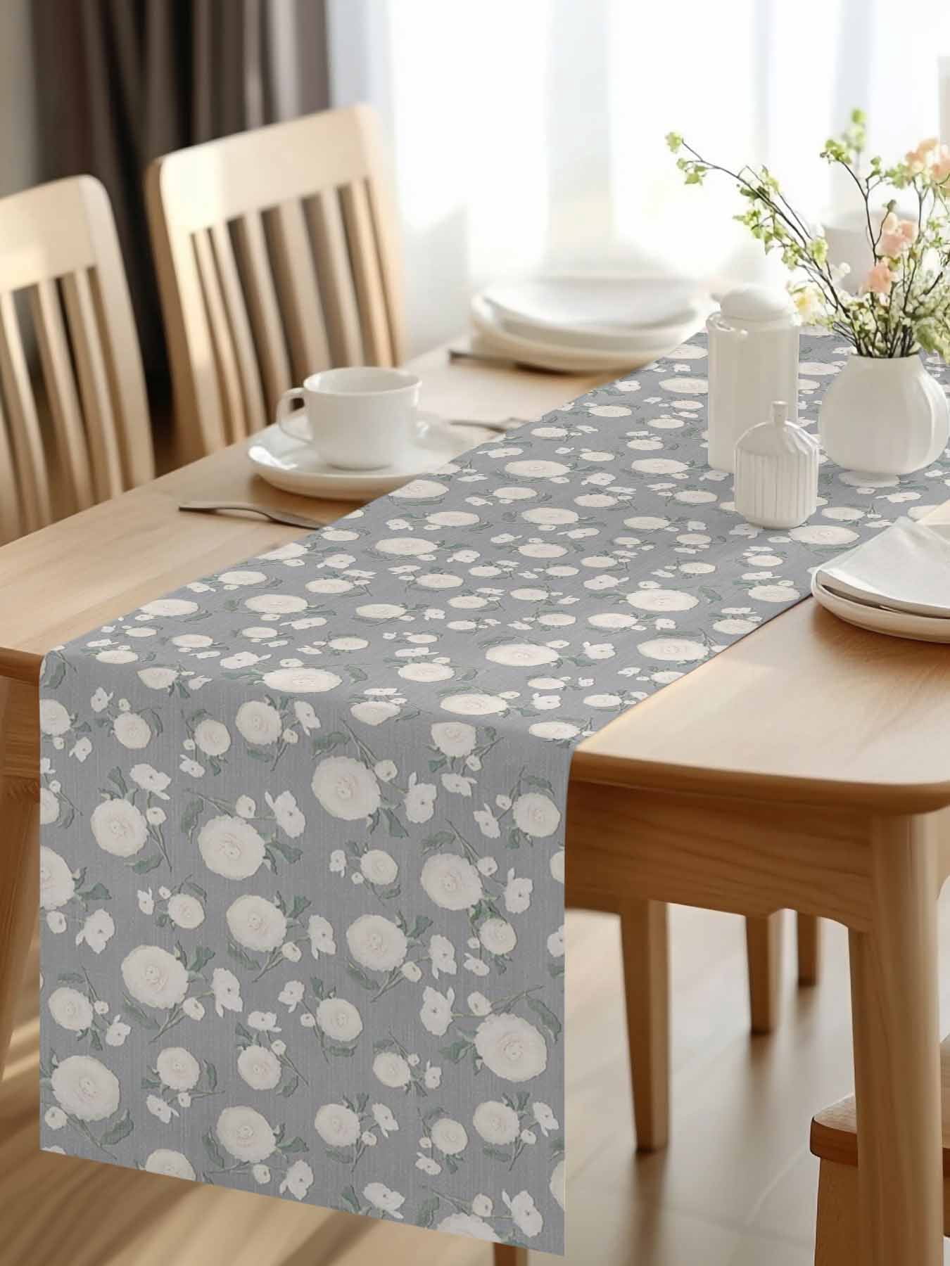 Burlap Table Runner 48 Inches Long, Vintage White Floral with Green ...