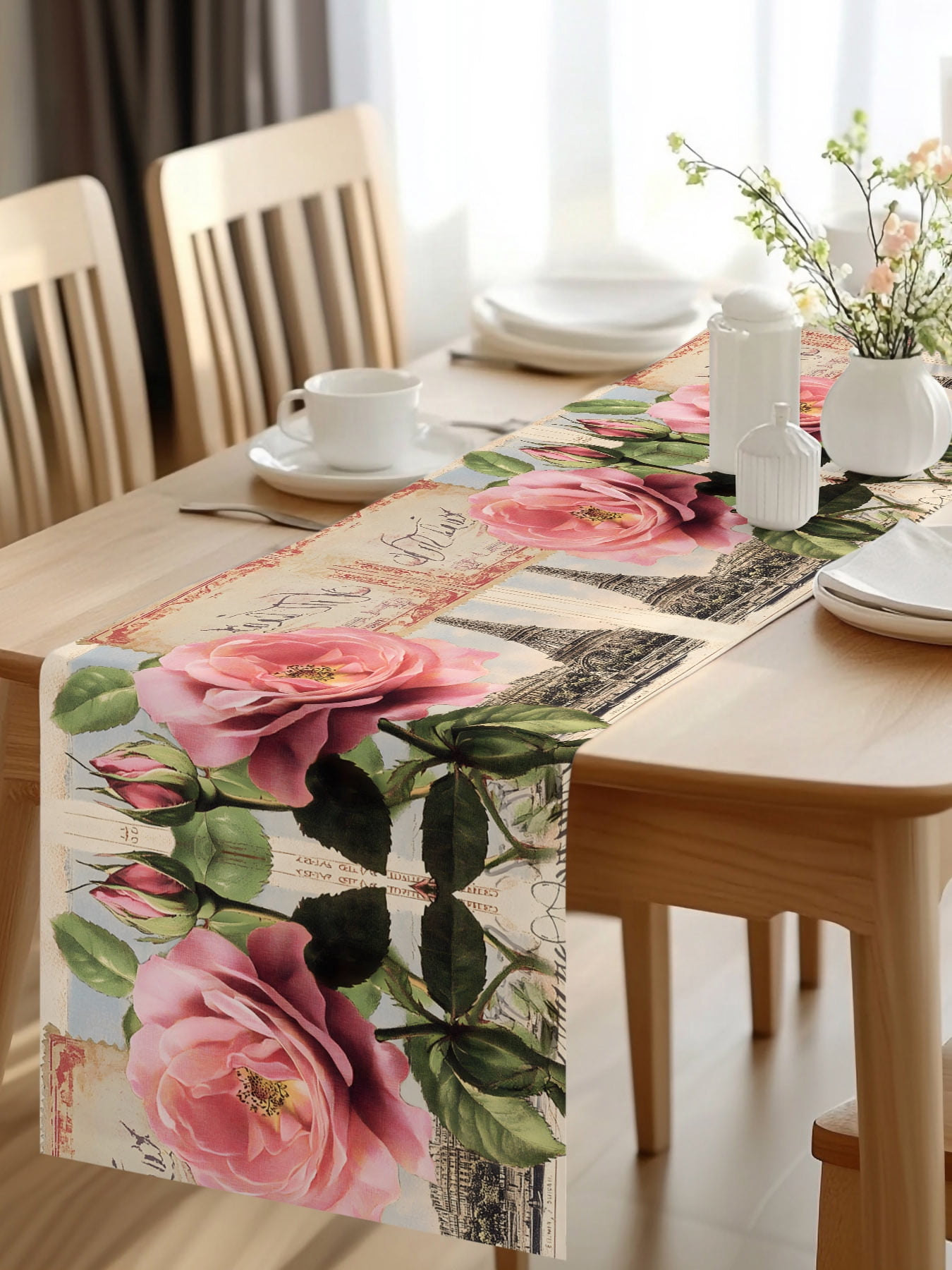 Burlap Table Runner 48 Inches Long, Watercolor Blossom Rose Stamp Non ...