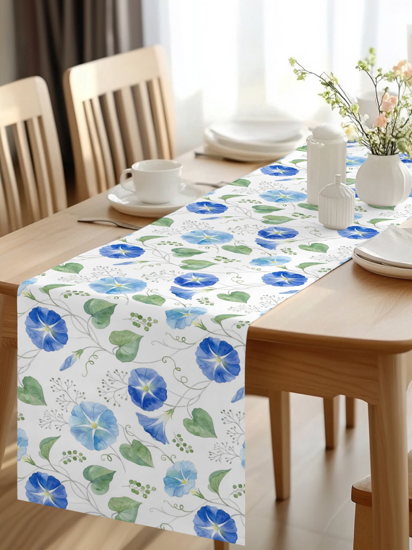 Burlap Table Runner 48 Inches Long, Watercolor Blue Floral Morning ...