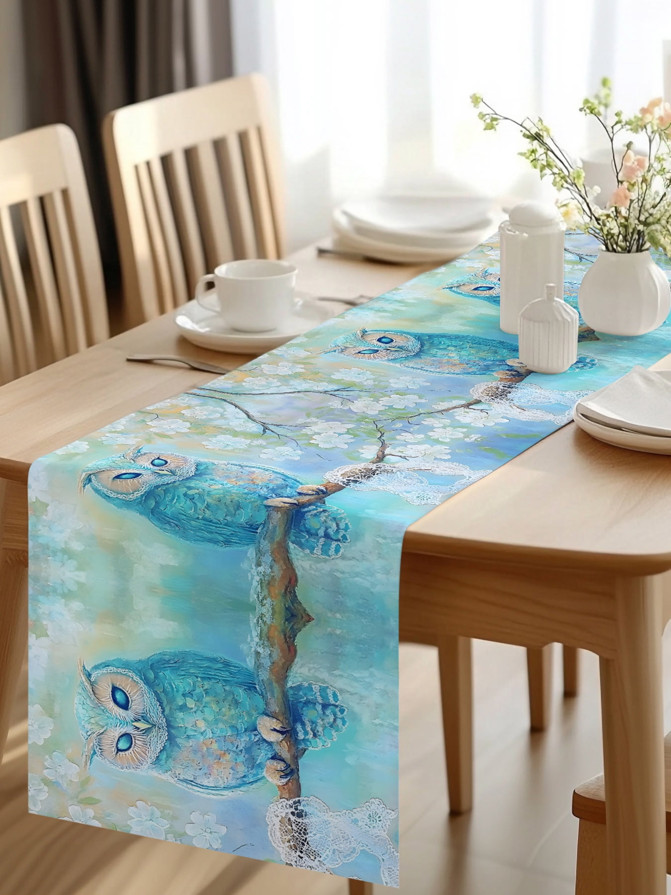 Burlap Table Runner 48 Inches Long, Watercolor Blue Owl Non-Slip ...