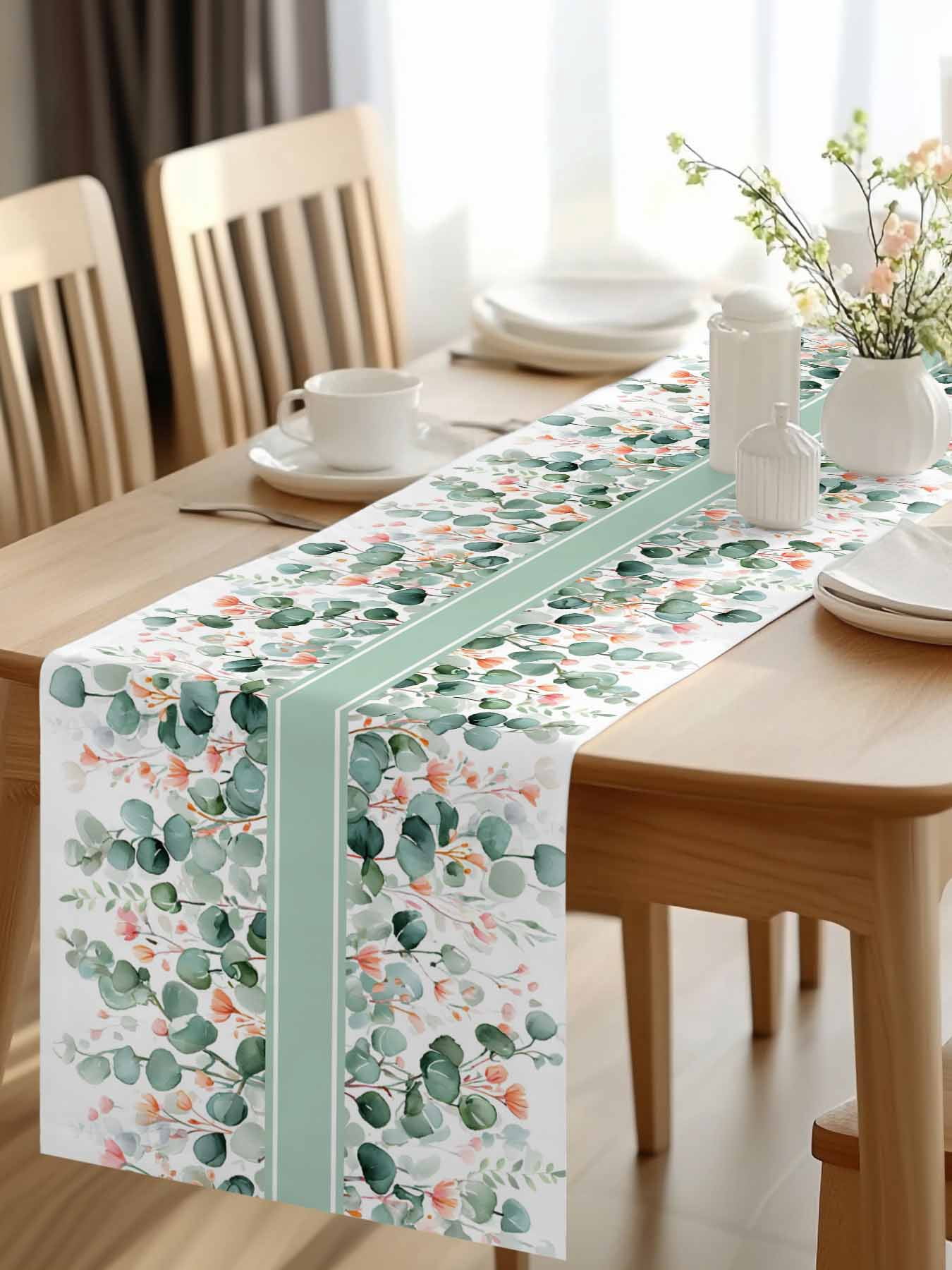Burlap Table Runner 48 Inches Long, Watercolor Eucalyptus Leaves Flower ...