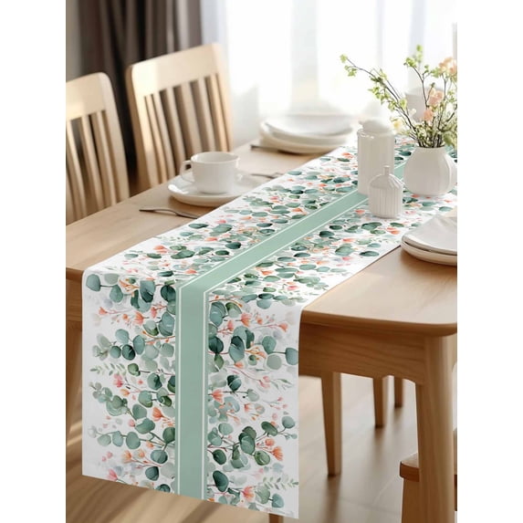 Burlap Table Runner 48 Inches Long, Watercolor Eucalyptus Leaves Flower ...