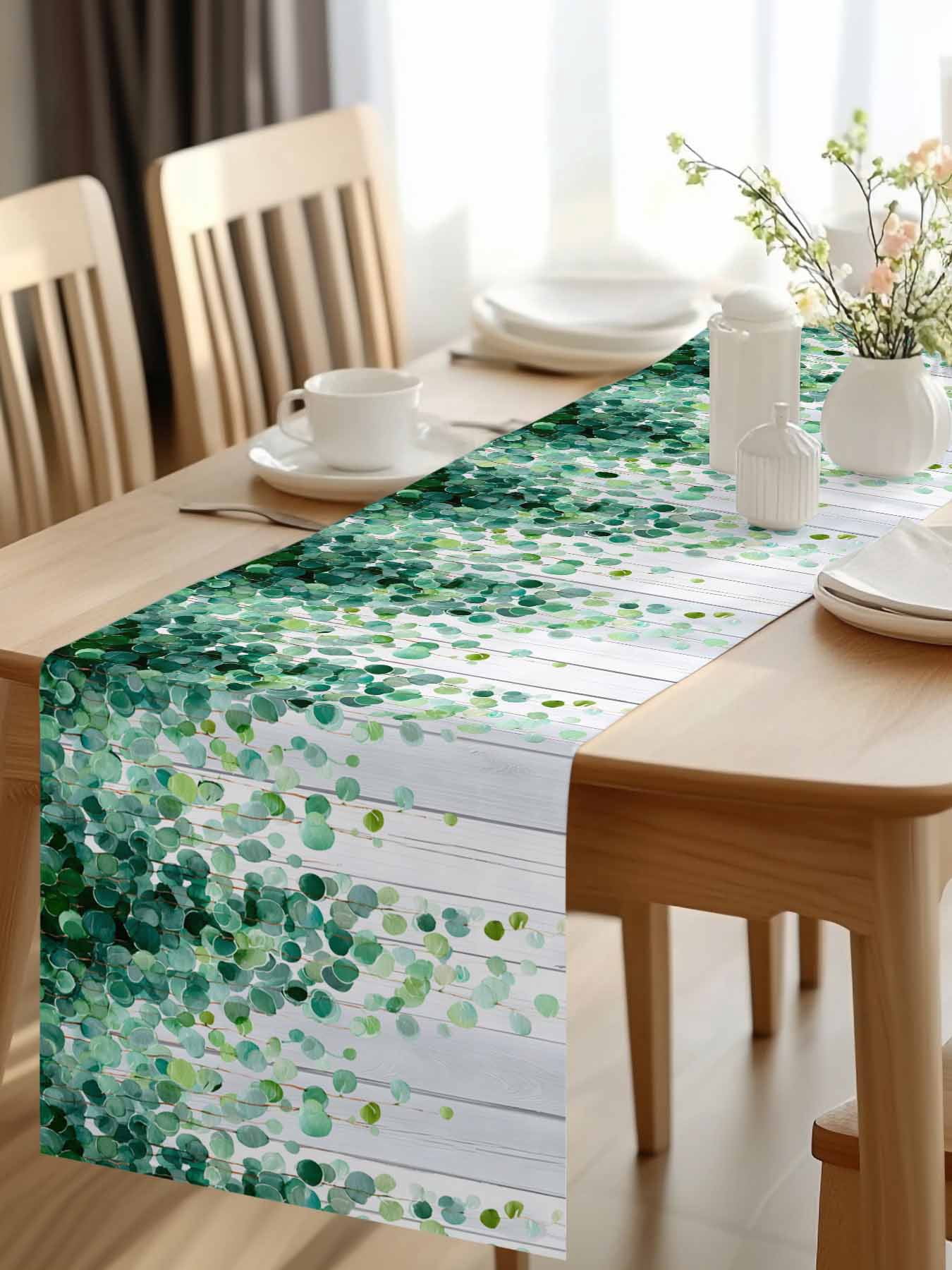 Burlap Table Runner 48 Inches Long, Watercolor Green Botanical Leaves ...