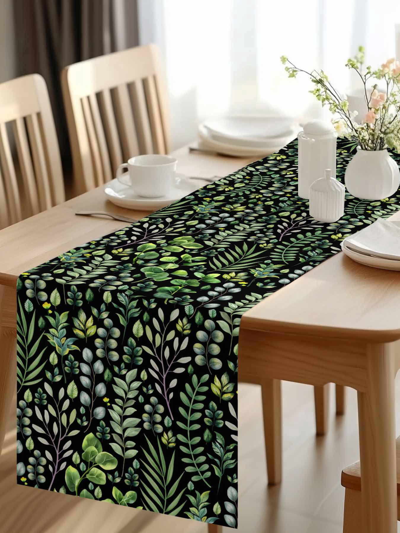 Burlap Table Runner 48 Inches Long, Watercolor Green Leaves on Black ...