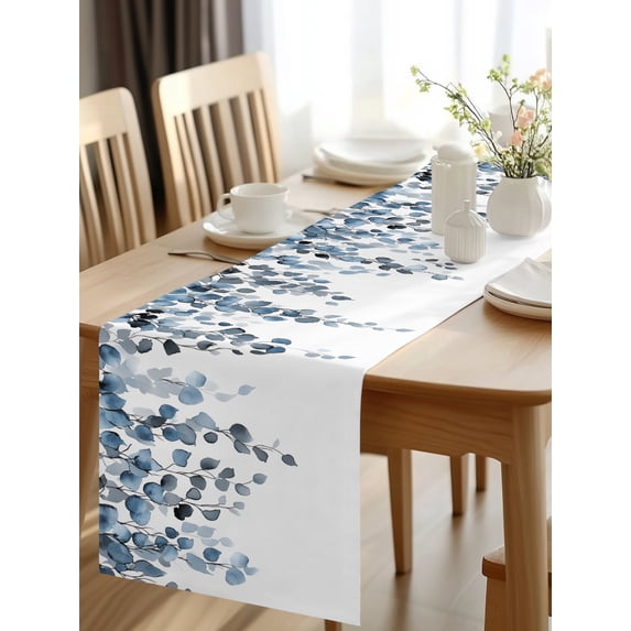 Burlap Table Runner 48 Inches Long, Watercolor Light Blue Botanical ...