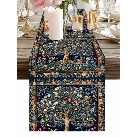 Burlap Table Runner 48 Inches Long, Watercolor Retro Trees Flowers Non ...