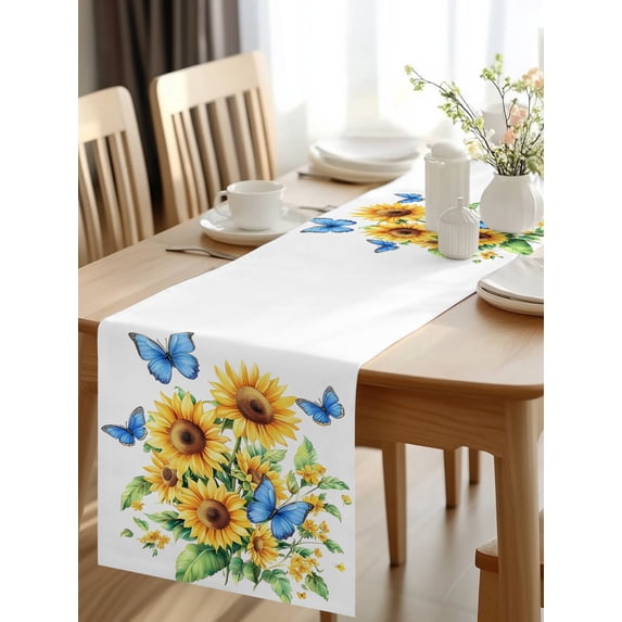 Burlap Table Runner 48 Inches Long, Watercolor Sunflower Butterfly Non ...