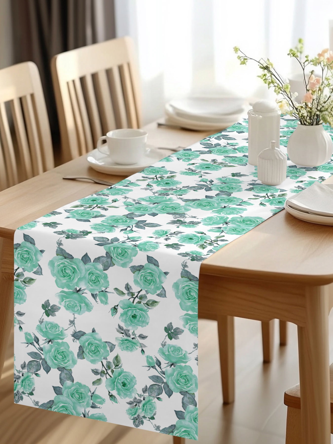 Burlap Table Runner 48 Inches Long, Watercolor Turquoise Rose Flower ...