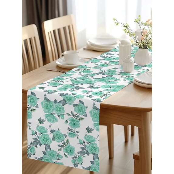 Burlap Table Runner 48 Inches Long, Watercolor Turquoise Rose Flower ...