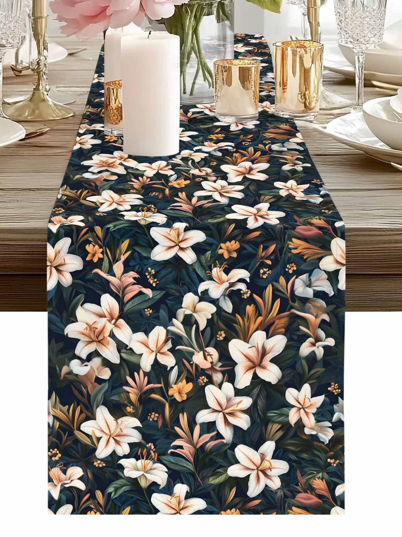 Burlap Table Runner 48 Inches Long, Watercolor White Lily Flower Non ...