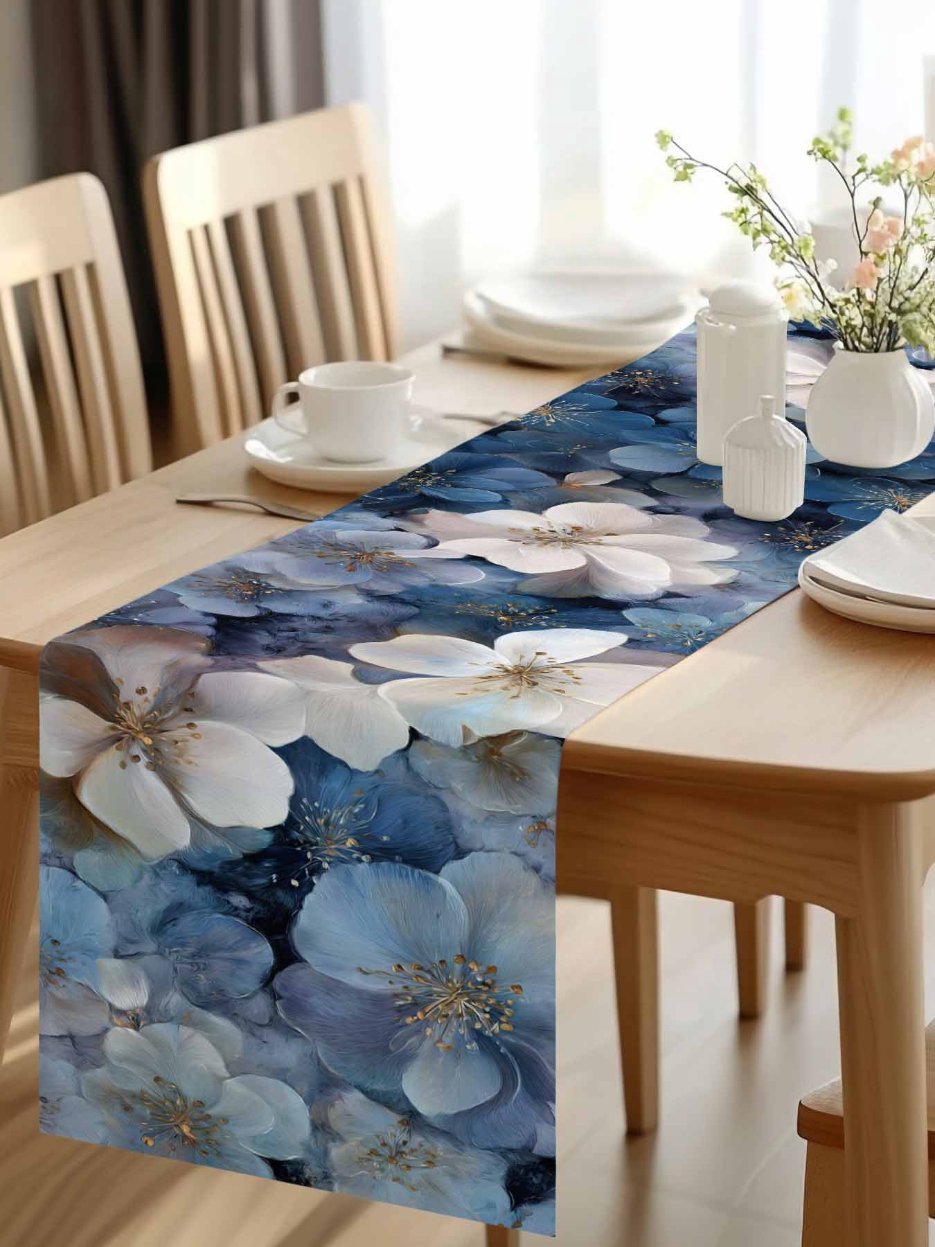 Burlap Table Runner 48 Inches Long, Watercolor White Navy Blue Floral ...