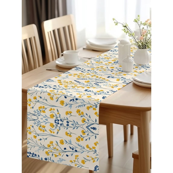 Burlap Table Runner 48 Inches Long, Watercolor Yellow Blue Flower Non ...