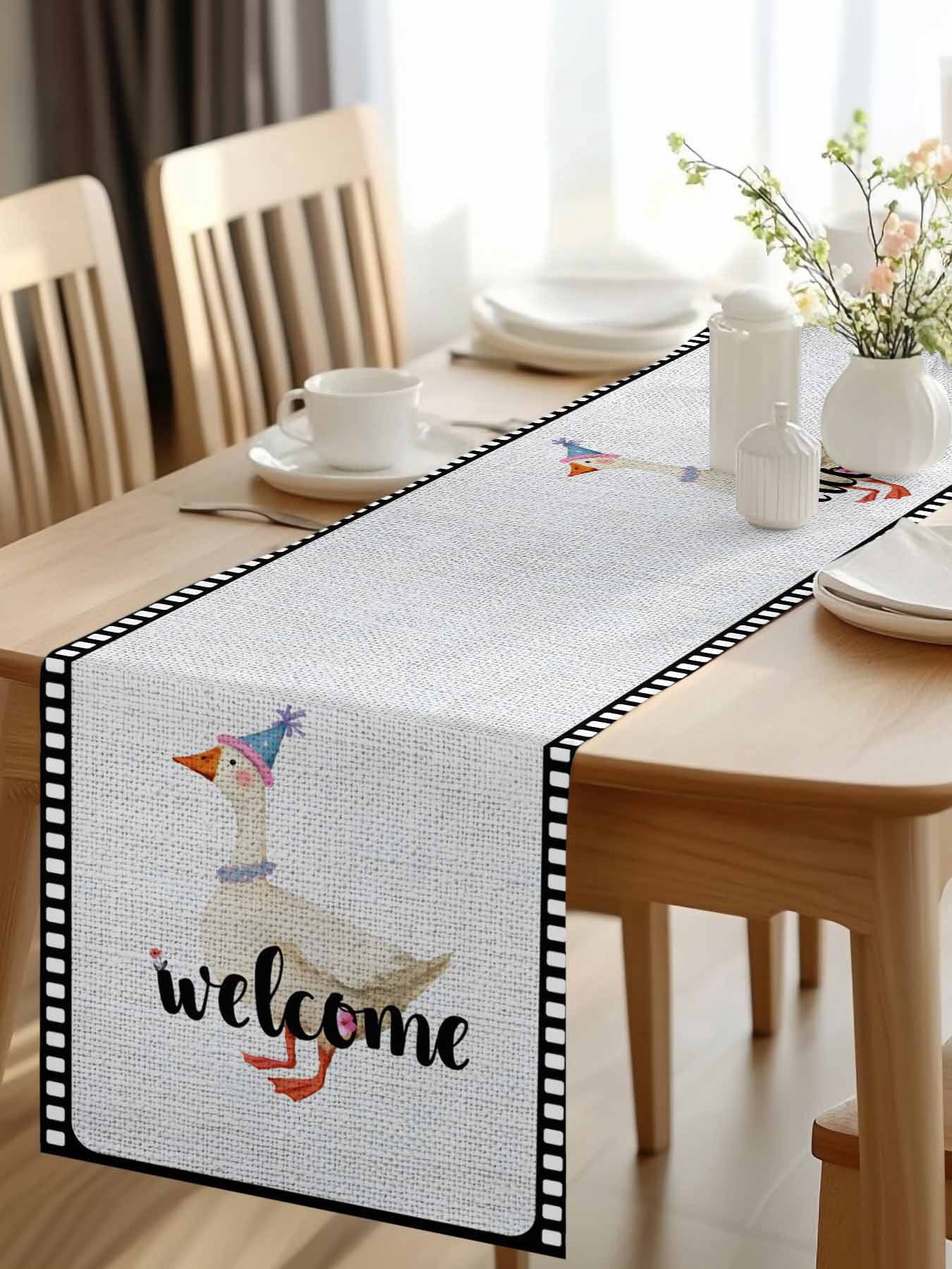 Burlap Table Runner 48 Inches Long, Welcome Words Animals Gooses Non ...