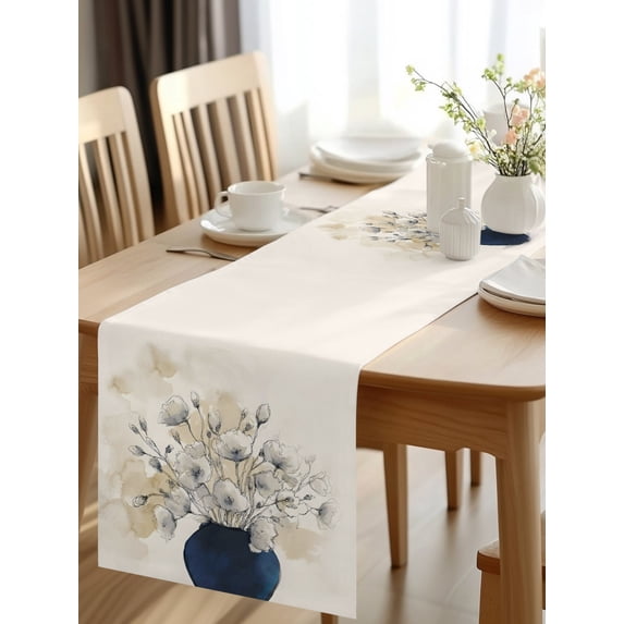 Burlap Table Runner 48 Inches Long, White Poppies in Deep Blue Vase Non ...