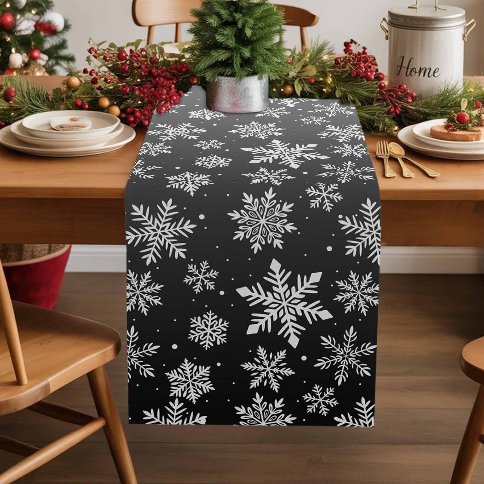 Burlap Table Runner 48 Inches Long,Winter Snowflakes on Black Non-Slip ...