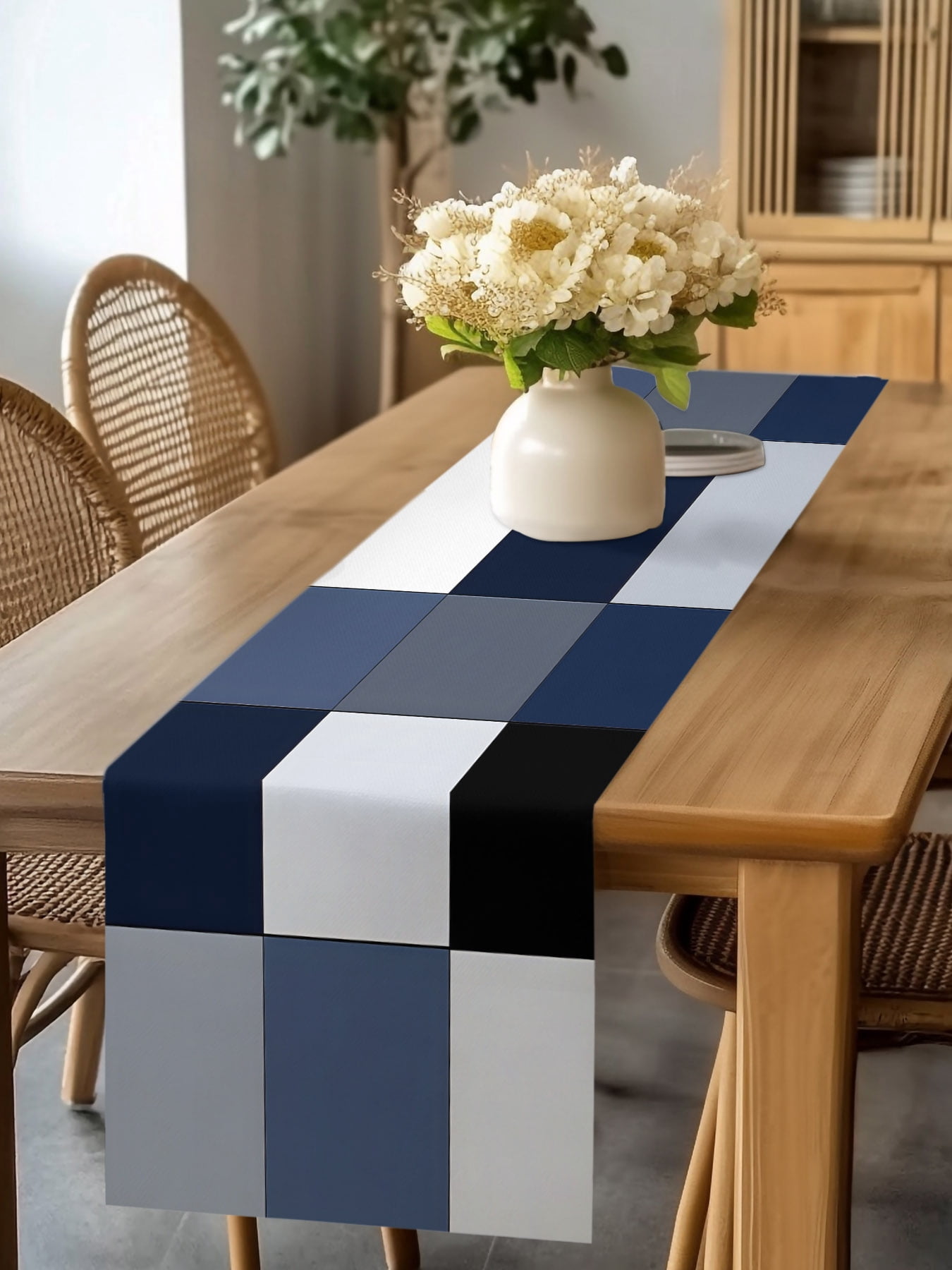 Burlap Table Runner 60 Inches Long, Abstract Blue Grey White Black ...