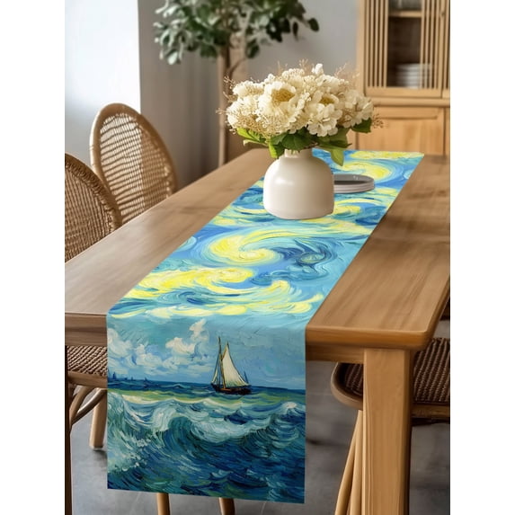 Burlap Table Runner 60 Inches Long, Abstract Blue Sea Sailboat Non-Slip ...
