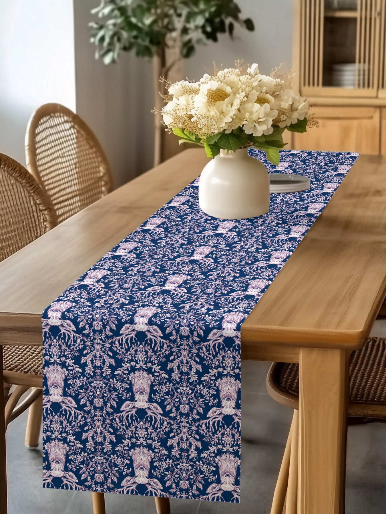 Burlap Table Runner 60 Inches Long, Abstract Elk Head Flower Leaves Non ...
