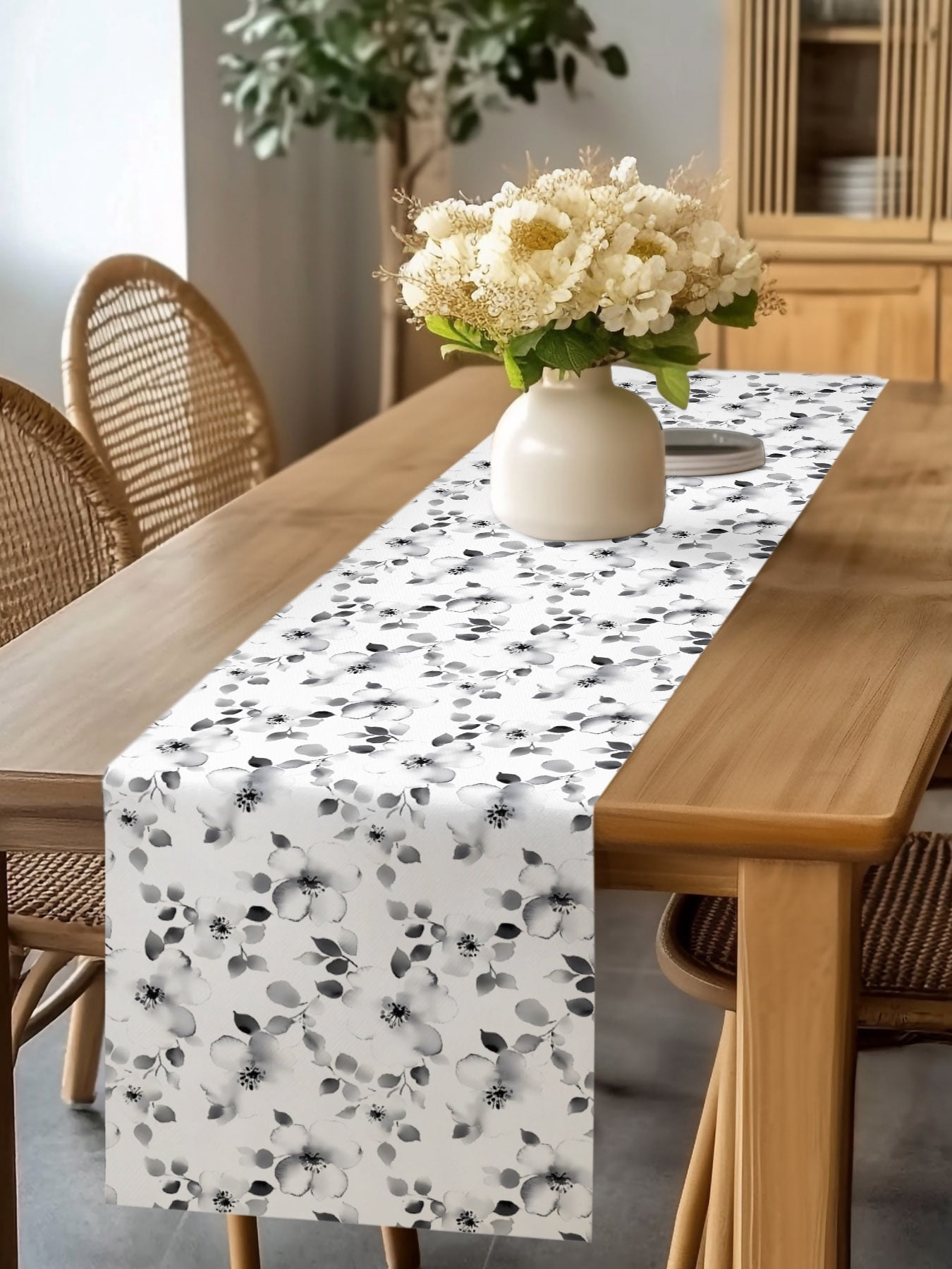 Burlap Table Runner 60 Inches Long, Abstract Farmhouse Wild Flower Non ...
