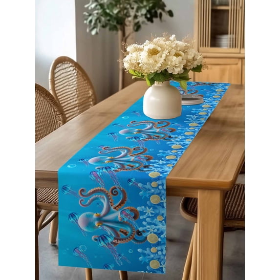 Burlap Table Runner 60 Inches Long, Abstract Oceans Blue Octopus Non ...