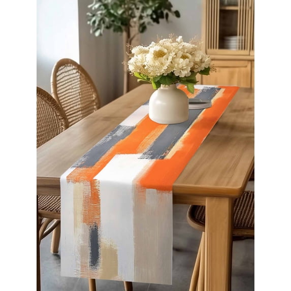 Burlap Table Runner 60 Inches Long, Abstract Orange Gray Square Non ...