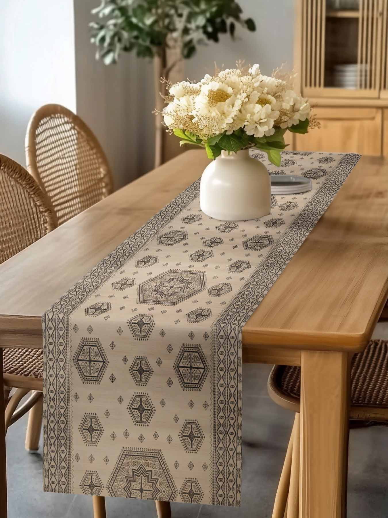 Burlap Table Runner 60 Inches Long, Abstract Retro Geometric Pattern ...