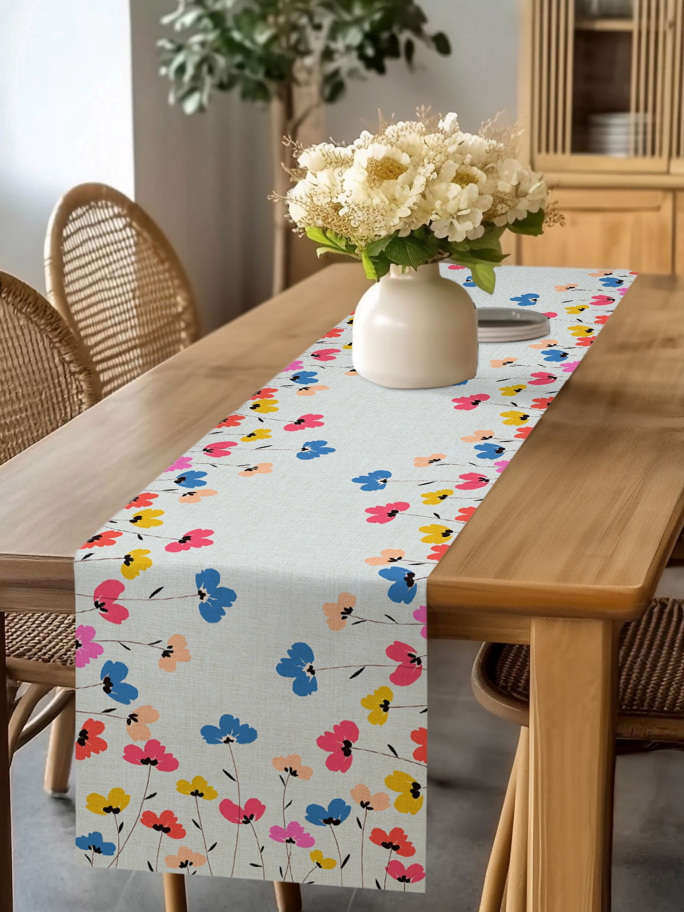 Burlap Table Runner 60 Inches Long, Abstract Spring Flowers Leaves Non ...