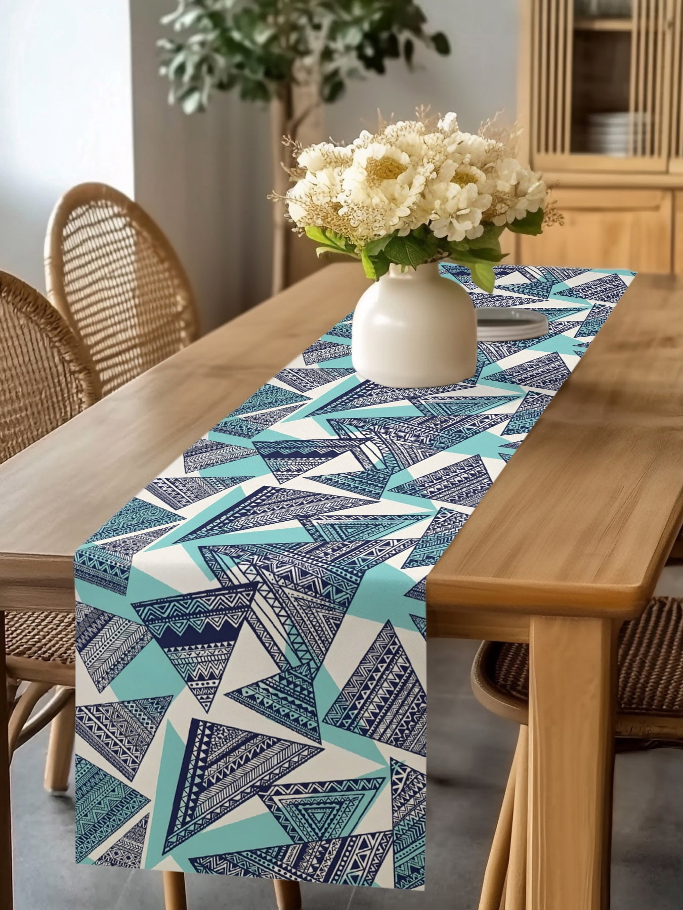 Burlap Table Runner 60 Inches Long, Abstract Tribal Triangle Pattern ...
