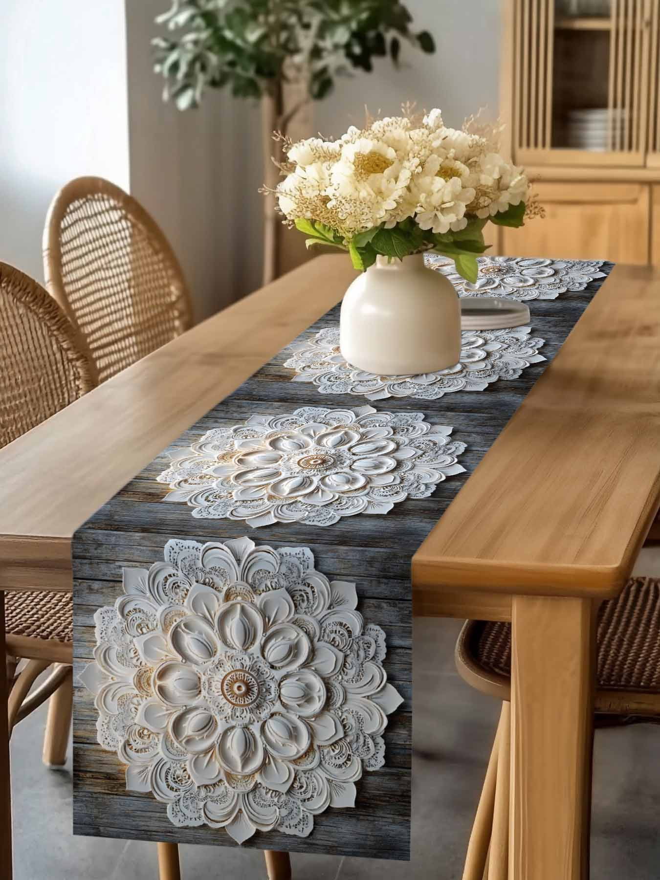 Burlap Table Runner 60 Inches Long, Abstract White Floral on Wood Non ...